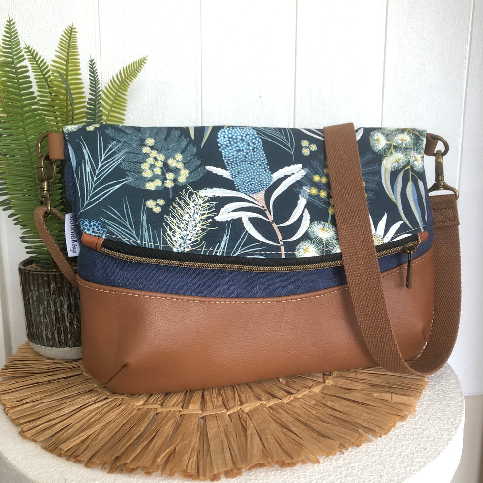 Handmade fold over handbag created using nature inspired fabric, canvas ...